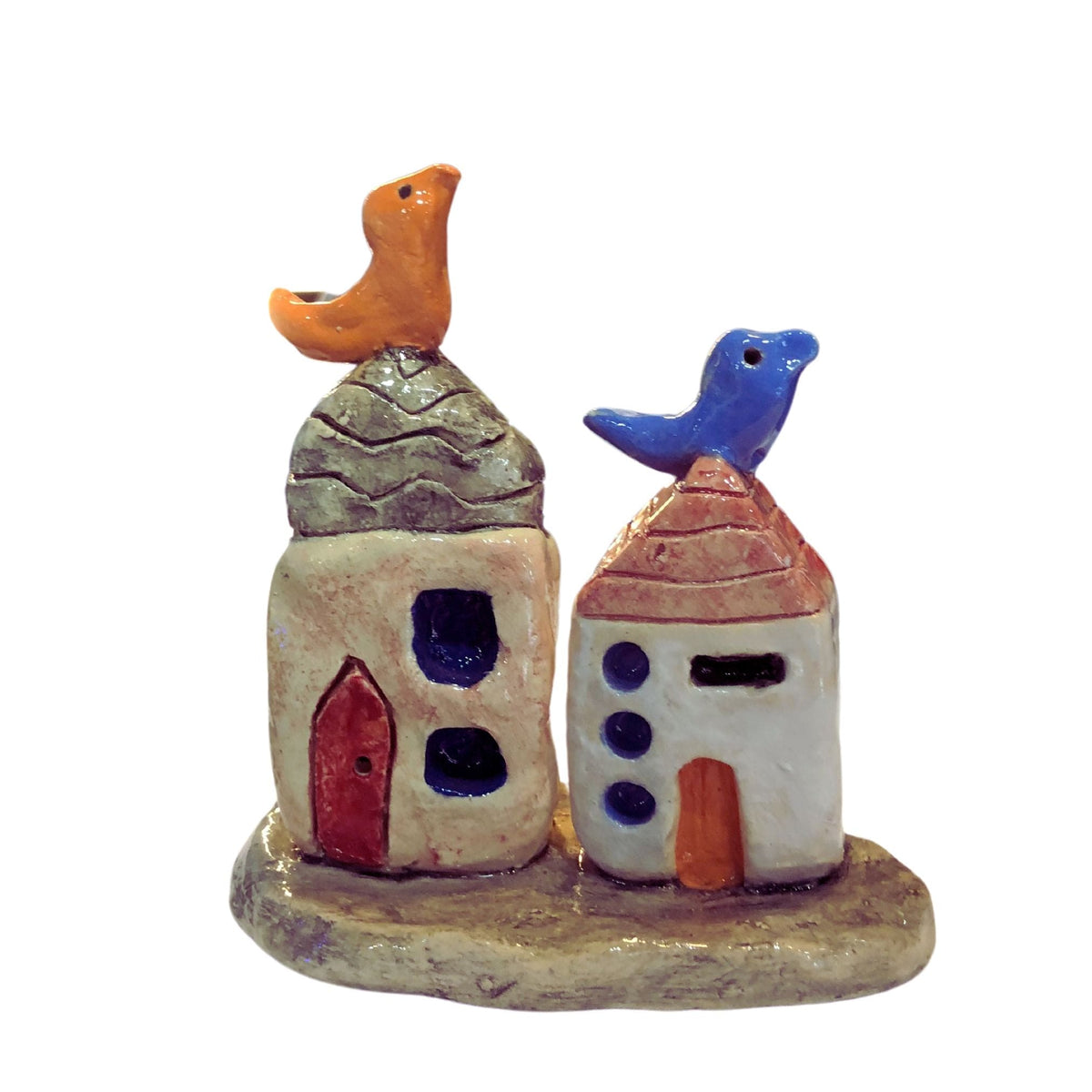Blue & Orange Bird 2 Cottages - sculpture Bron Lewis – Clayfire Gallery