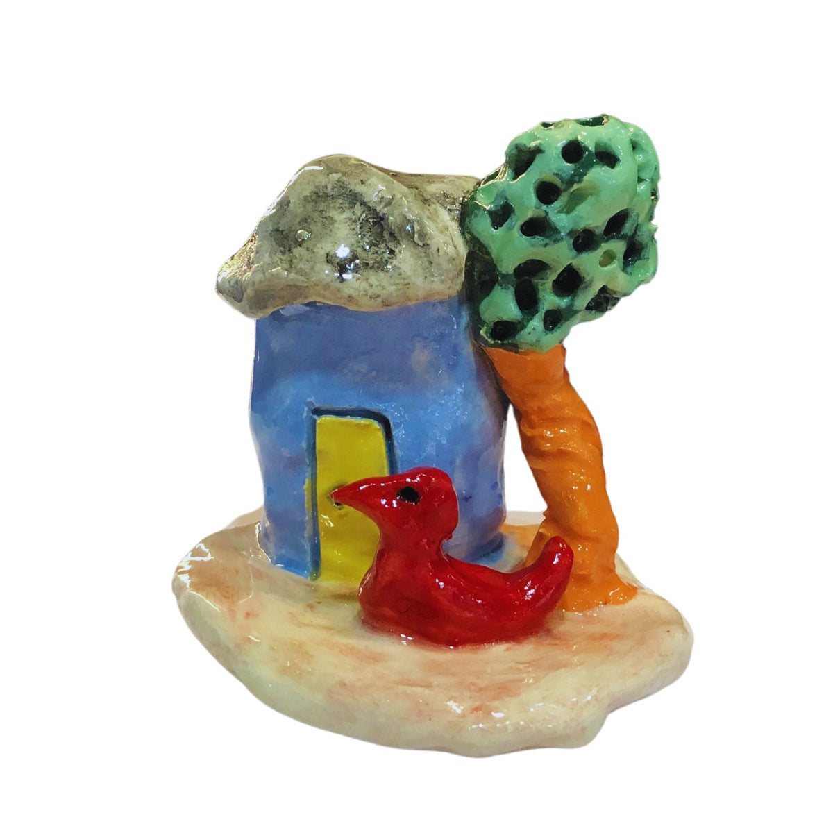 Blue Hut Tree Red Bird - sculpture Bron Lewis – Clayfire Gallery