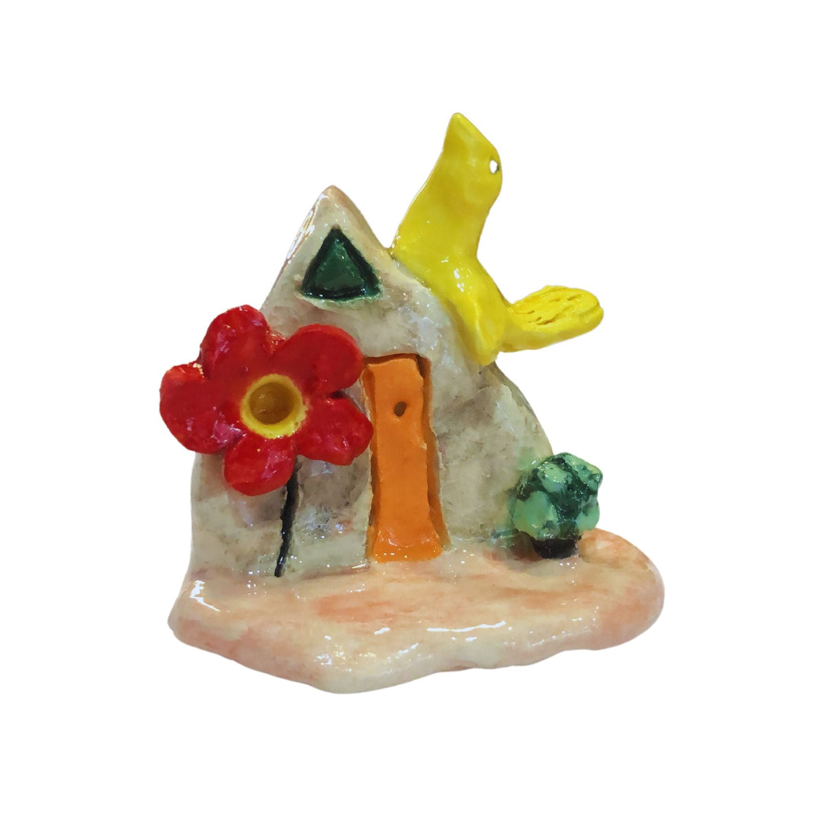 Red Flower Cottage & Yellow Bird - sculpture Bron Lewis – Clayfire Gallery